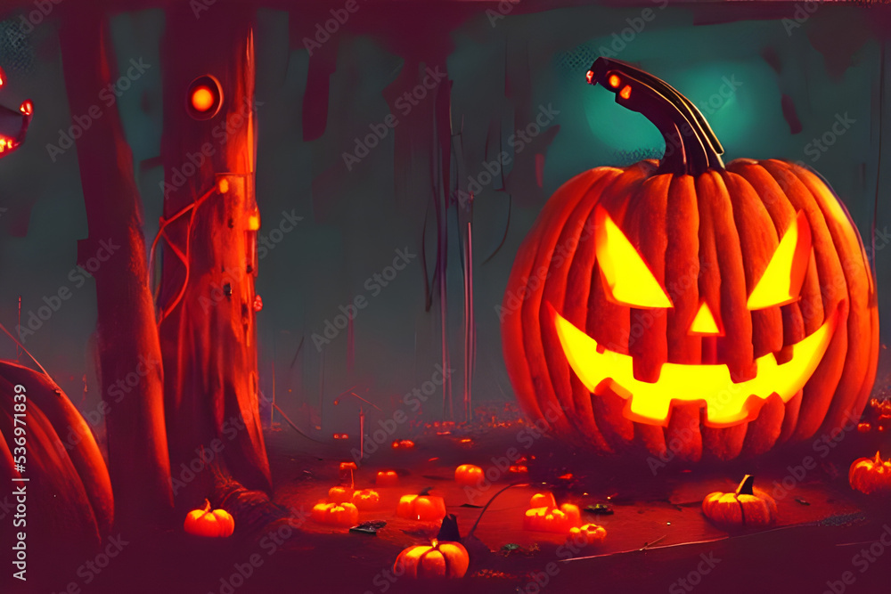 evil halloween pumpkin / jack-o-lantern with glowing neon light in a ...