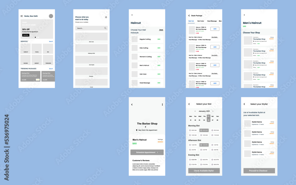 Beauty salon booking application UI UX template design for mobile app ...