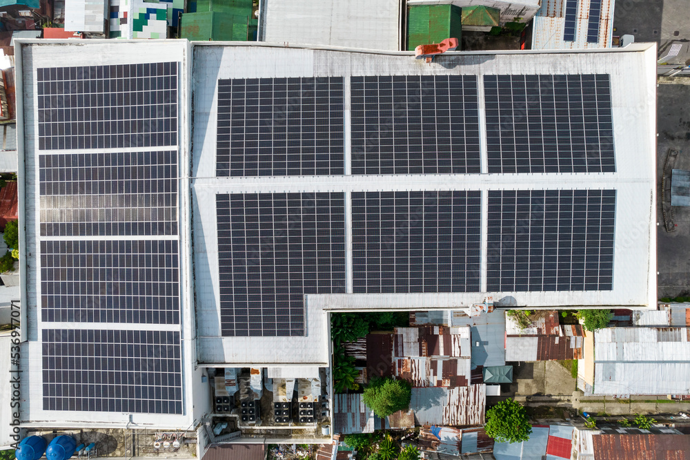 Top view of solar panels installed on top of a mall in Tacloban City ...