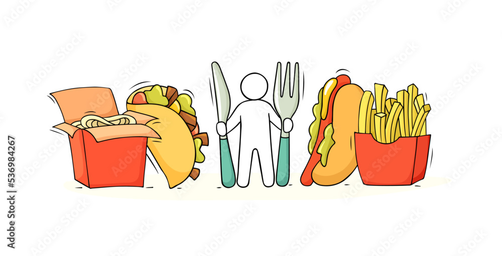 Cartoon set with little people and Fast food Stock Vector | Adobe Stock