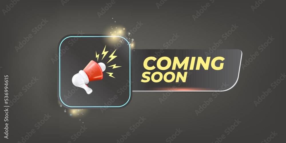 Coming soon horizontal banner with megaphone and button on grey modern ...