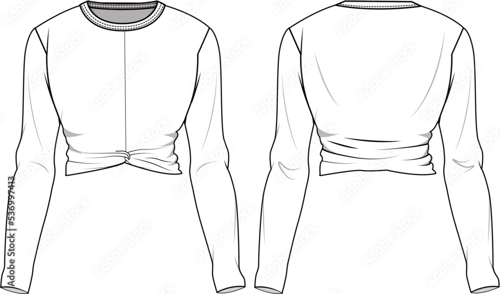 Front Knot Hem Long Sleeve Crop Top Front and Back View. Fashion ...