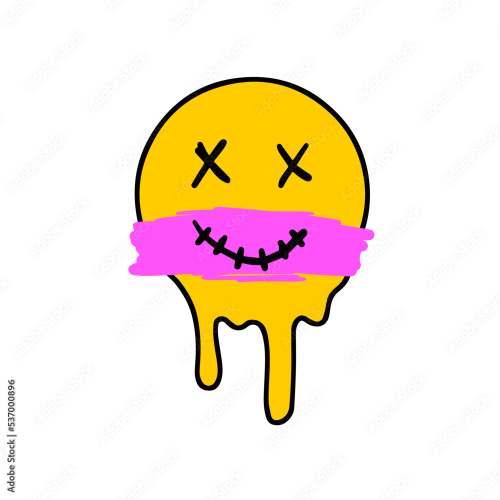 Acid smile face. Melted rave and techno symbol of 90s. Pink brush ...