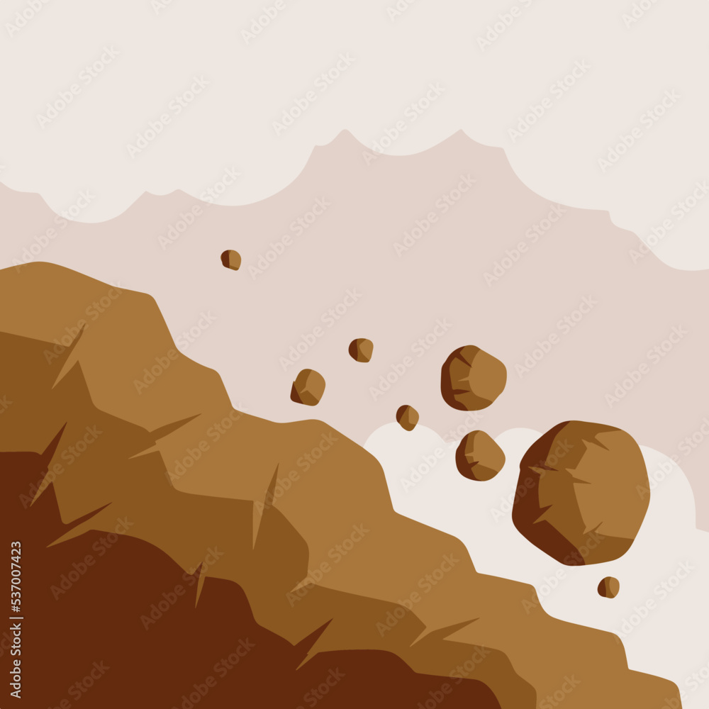 Rock rolls off cliff. Falling boulder. Rockfall and landslide. Brown ...