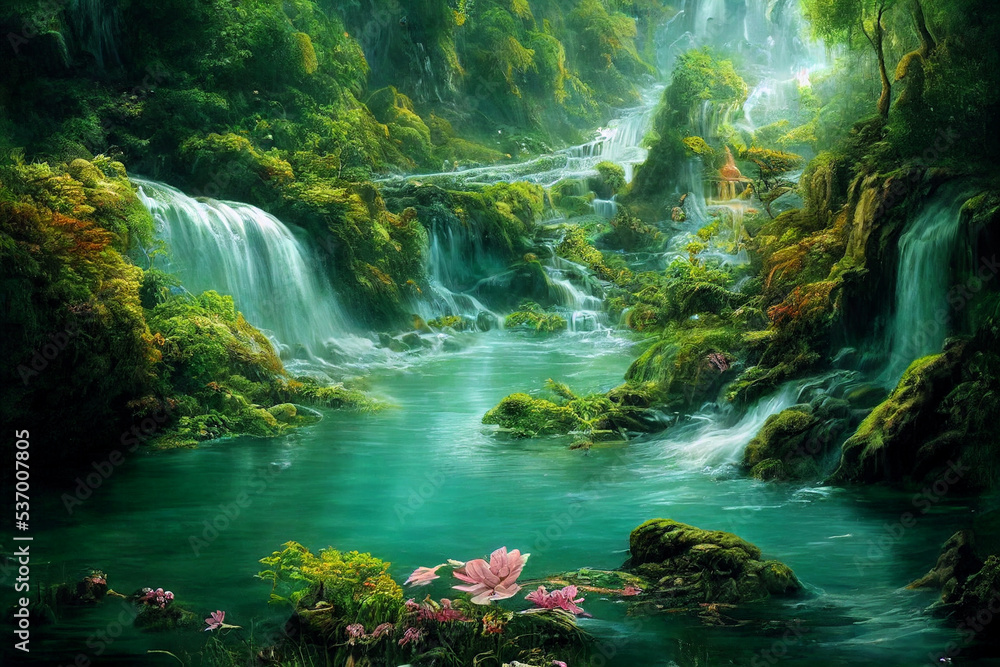 Illustration of beautiful fantasy river in lush jungle with waterfalls ...