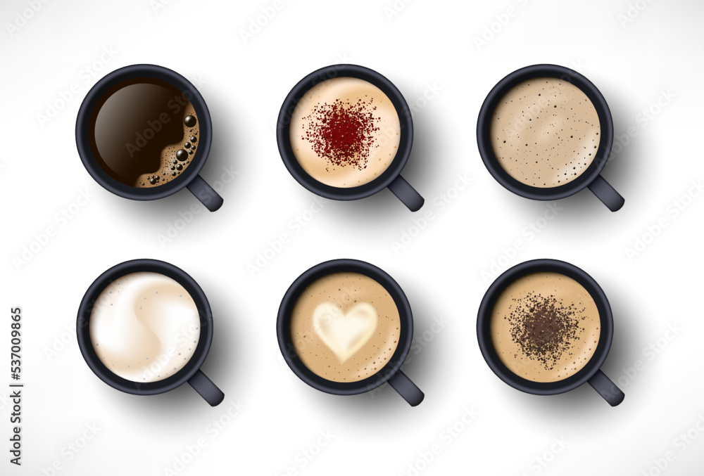 Cups of coffee assortment set. Black coffee, cappuccino, latte ...