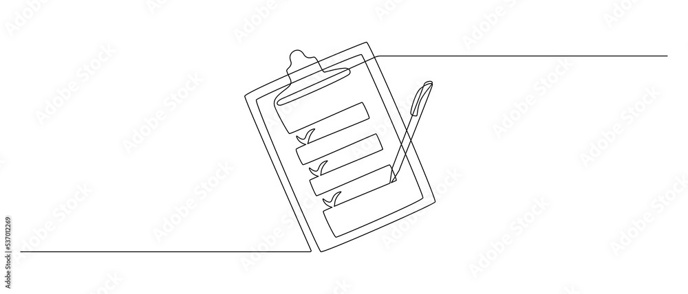 Clipboard with checklist and pen in one continuous line drawing. To do list with ticks and ...