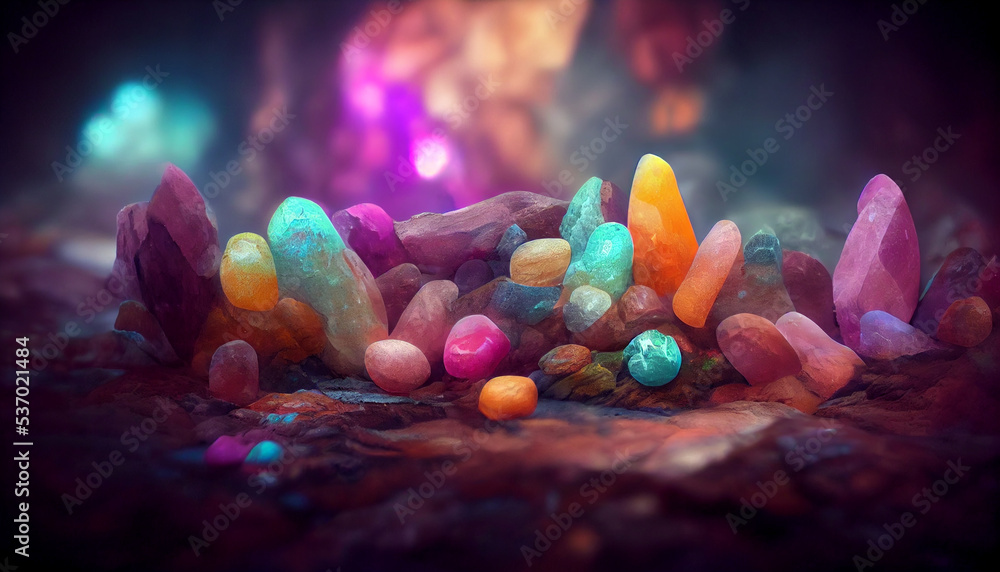 Beautiful gemstones on the stone inside a magical cave. 3D realistic ...