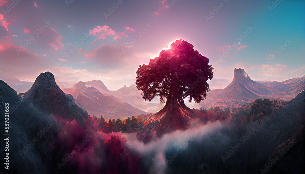 Fantasy Green Giant Tree On Top Of A Foggy Hill Dramatic View Digital