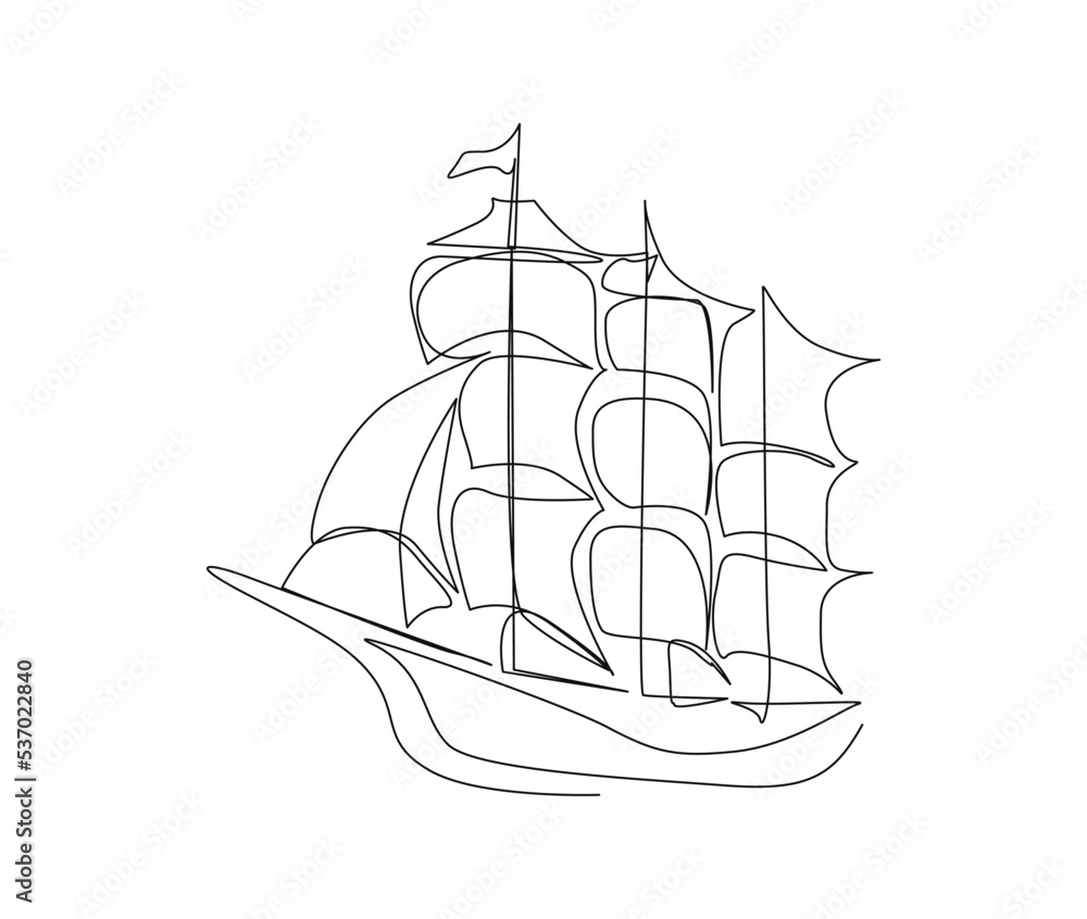 Continuous line art drawing of sail boat. Wooden sailboat single line ...