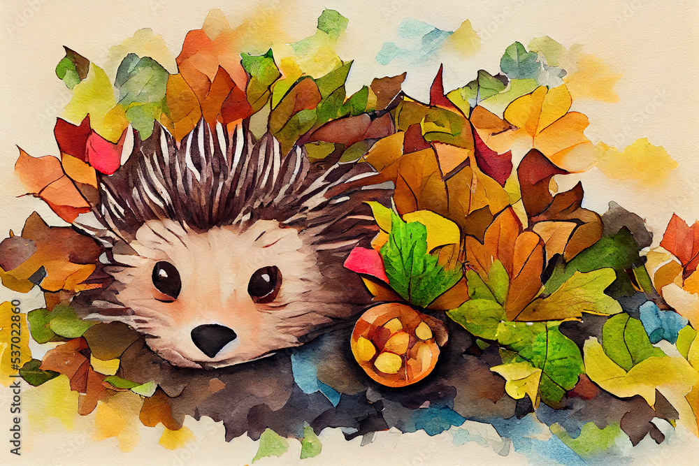 Igel im bunten Laub mit Kastanien, Aquarellzeichnung Stock Illustration ...