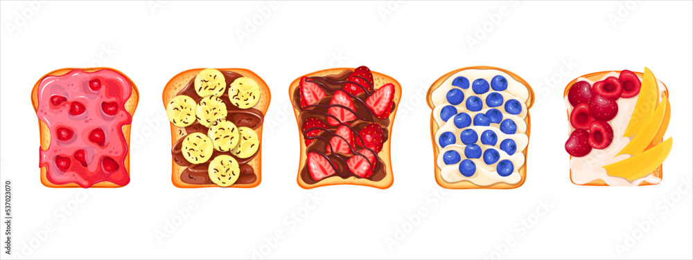 Sweet toasts with different toppings set vector illustration. Cartoon ...