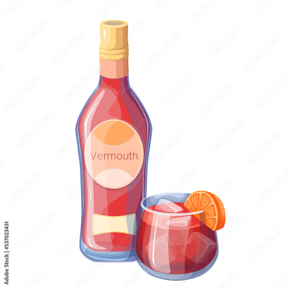 Bottle and glass with vermouth, cold alcohol drink for summer cocktail ...