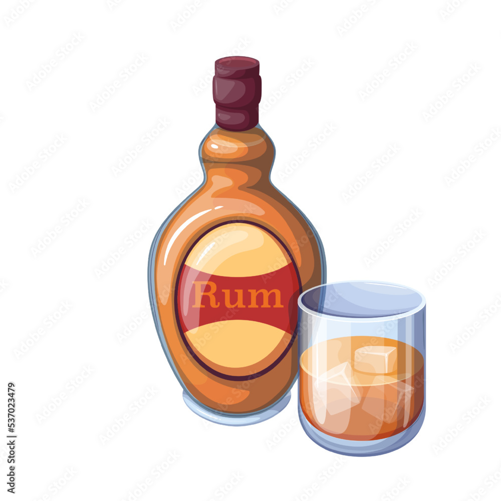 Rum in bottle and glass with ice cubes, alcohol drink for summer ...