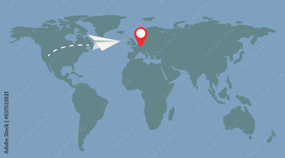 Travel concept. A simple map of the world with a destination and a ...