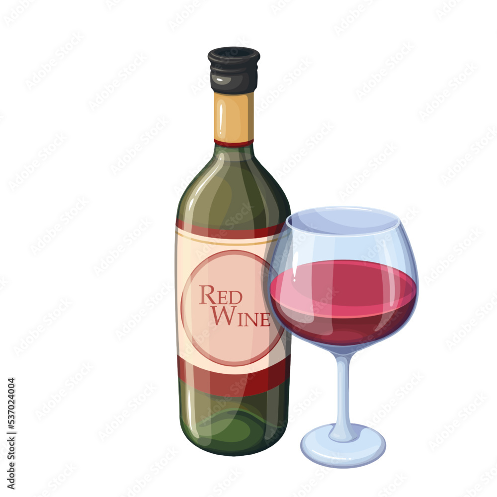 Red wine in glass and bottle, grape juice alcohol drink vector ...