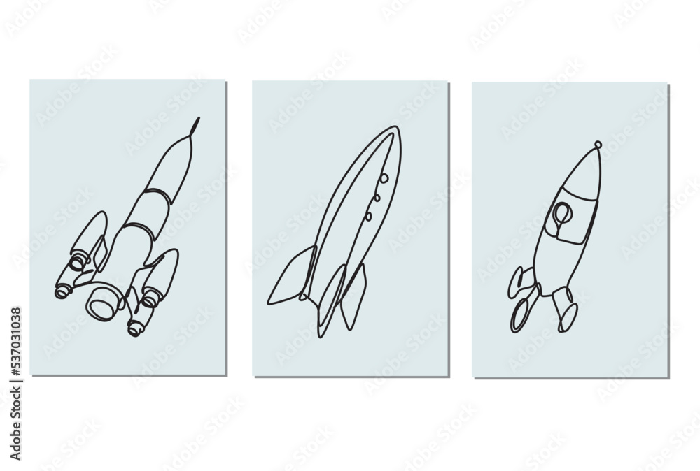 Rocket and satellite posters set of 3 . Continuous one line drawing ...