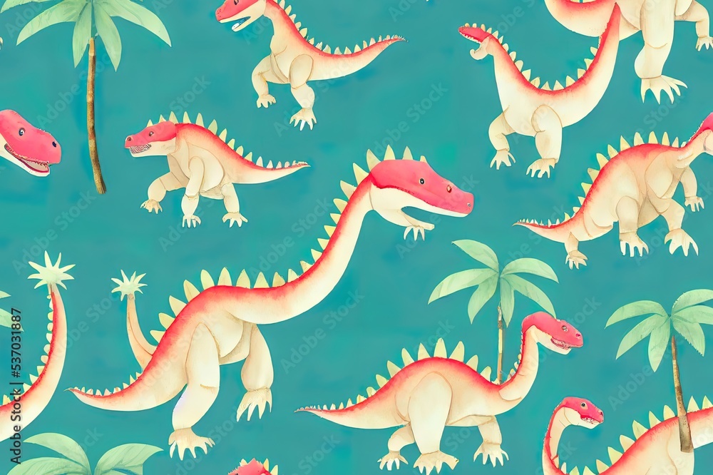 Dinosaur seamless pattern. Watercolor cartoon dino wallpaper. Surface ...