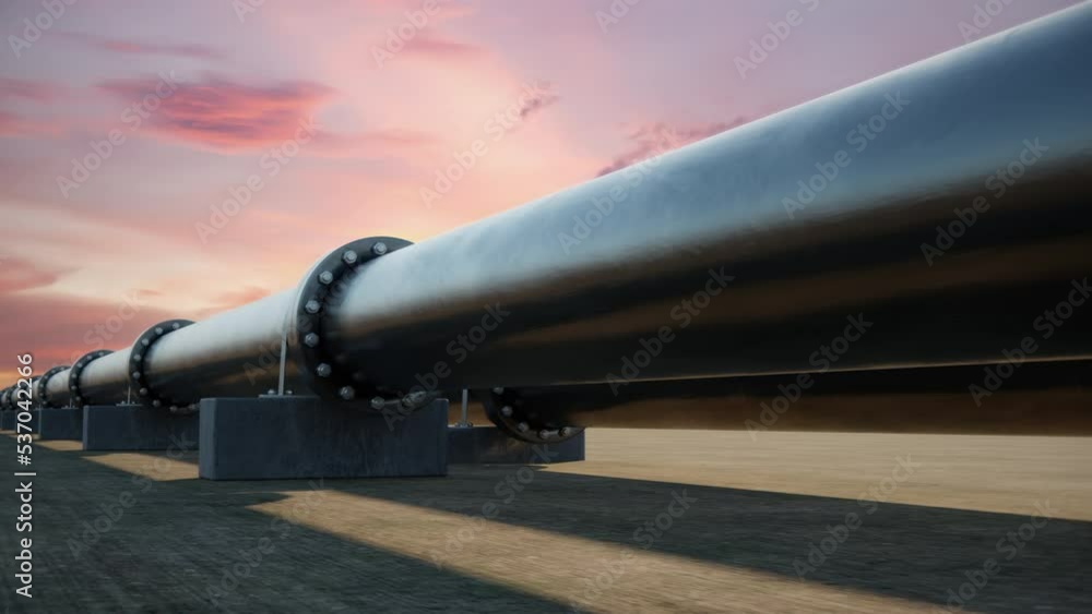 Pipeline with gas or oil. Streams of the pipeline. The camera is slowly ...