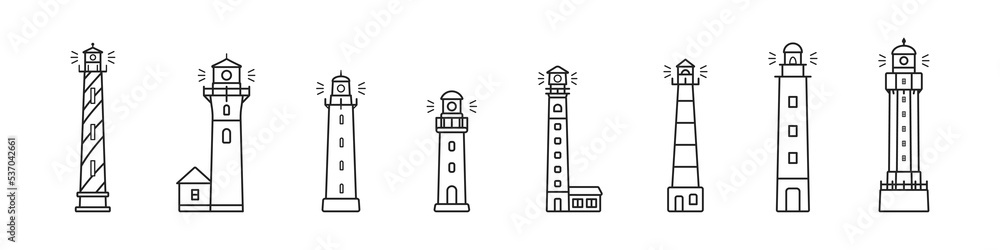 Lighthouse icon set. Concept of safety. Tower signs. Hope symbol. Stock ...