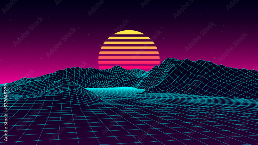 Futuristic 3d retro landscape with night sky, sunset and stars on ...