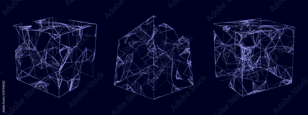 Abstract lines connection in the shape of cube. Mesh square with flying debris. Global digital ...