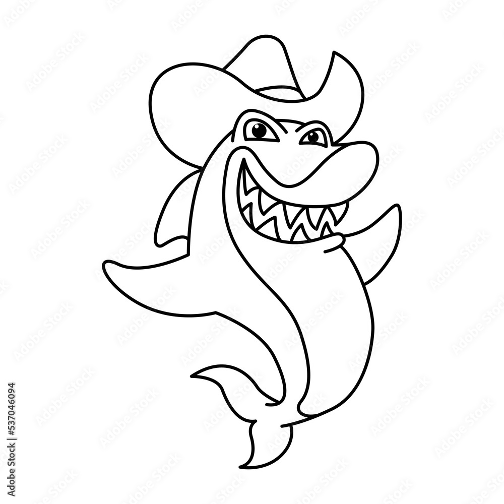 Cute shark with cowboy head cartoon characters vector illustration. For ...