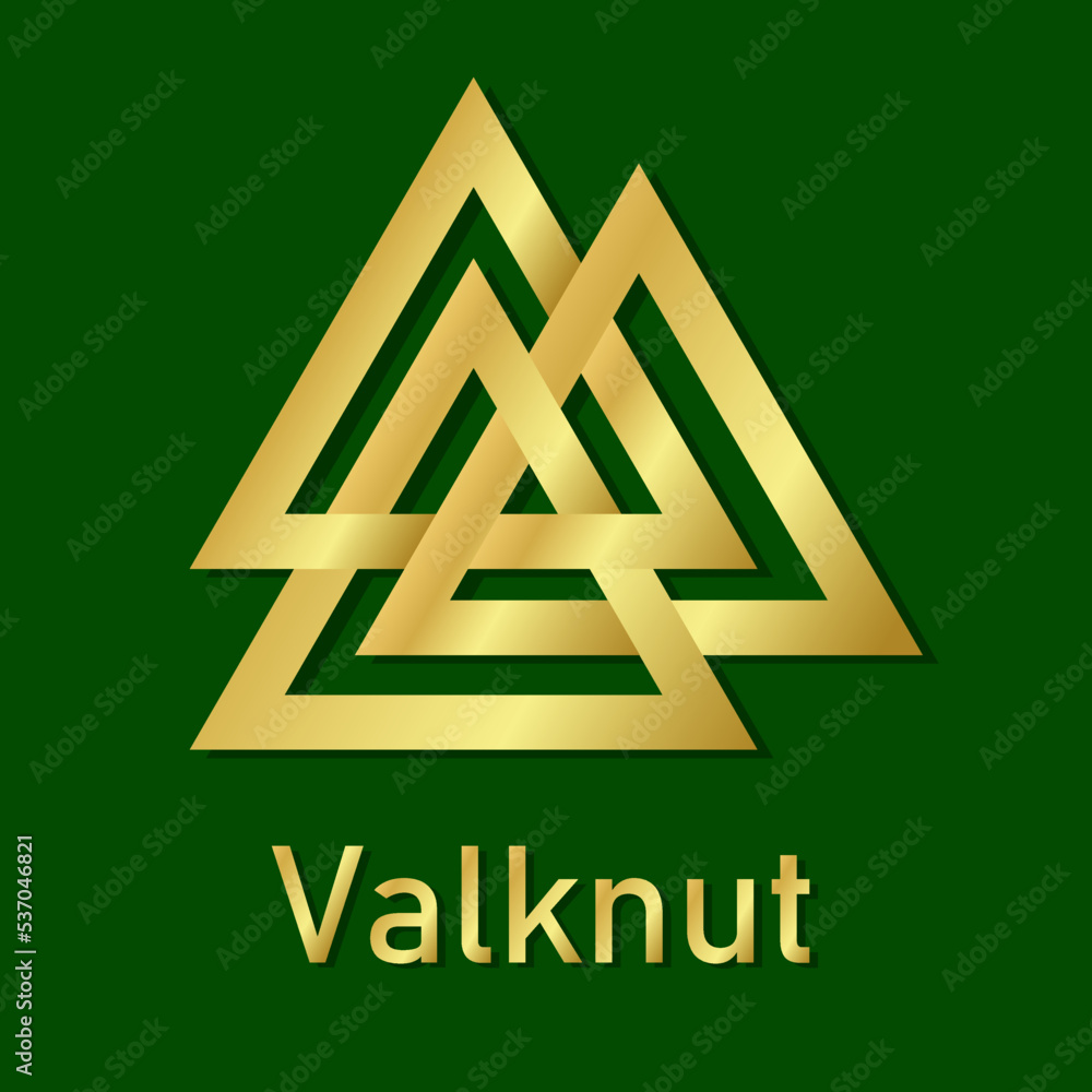 Valknut icon. Valknut sign isolated on green background. Gradient gold ...