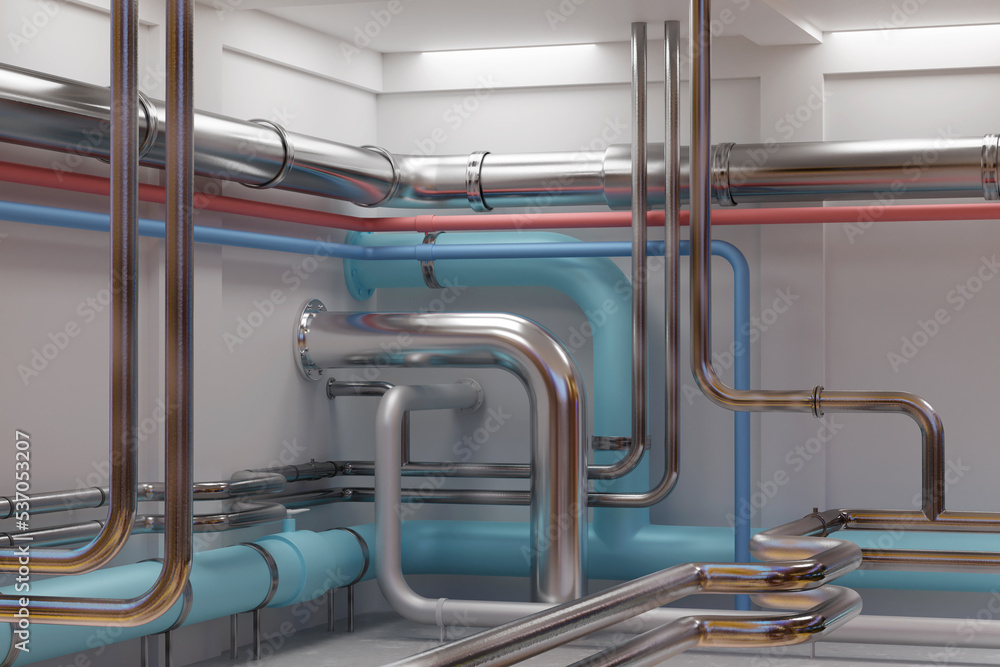 Utility room. Bright utility room with lots of pipes. Tangled pipeline ...