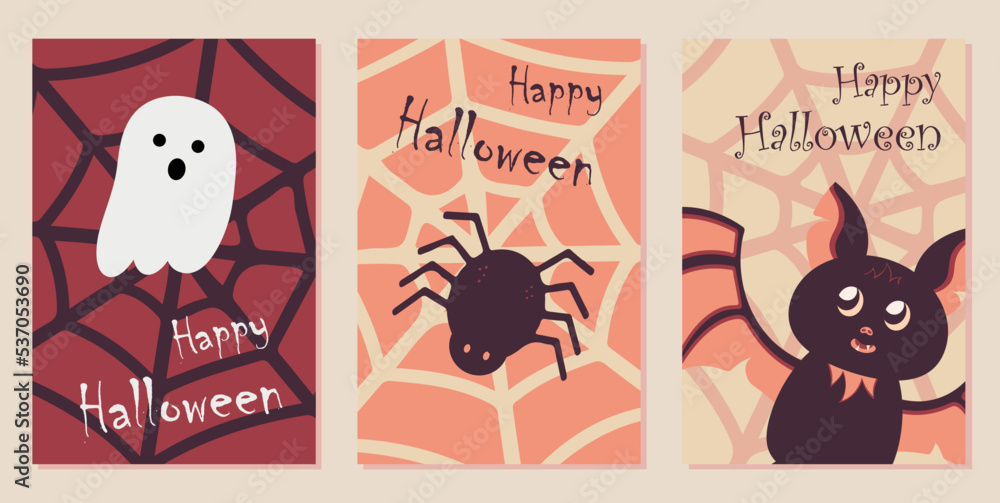 set of halloween banners, halloween cards, spider, web, bat and ghost ...