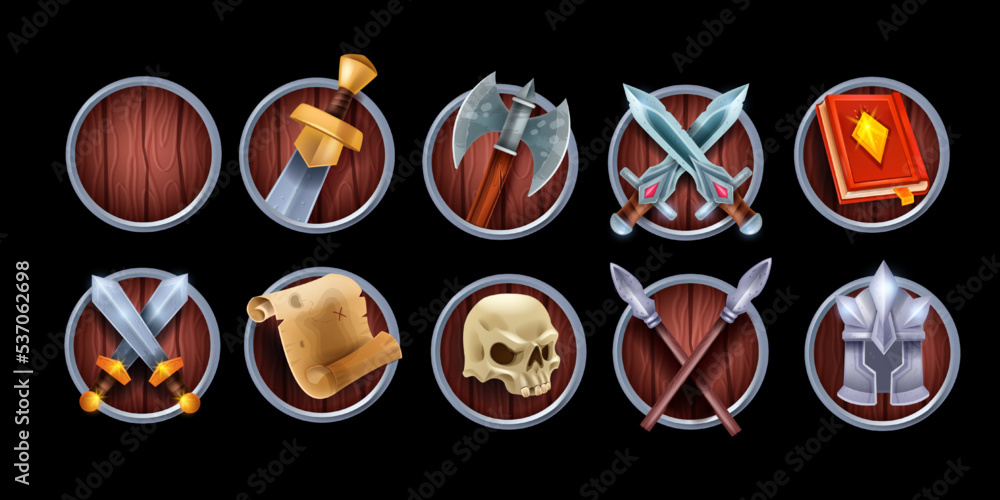 RPG game icon, vector UI circle wooden button set, fantasy medieval weapon, warrior helmet ...