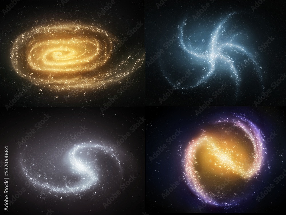 Collection of galaxies and other space phenomena. Four types of star formations. Different types ...