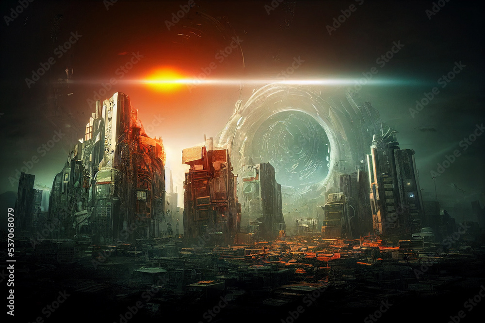 Sci-fi Portal in Apocalyptic City Concept Art Background Image Stock ...