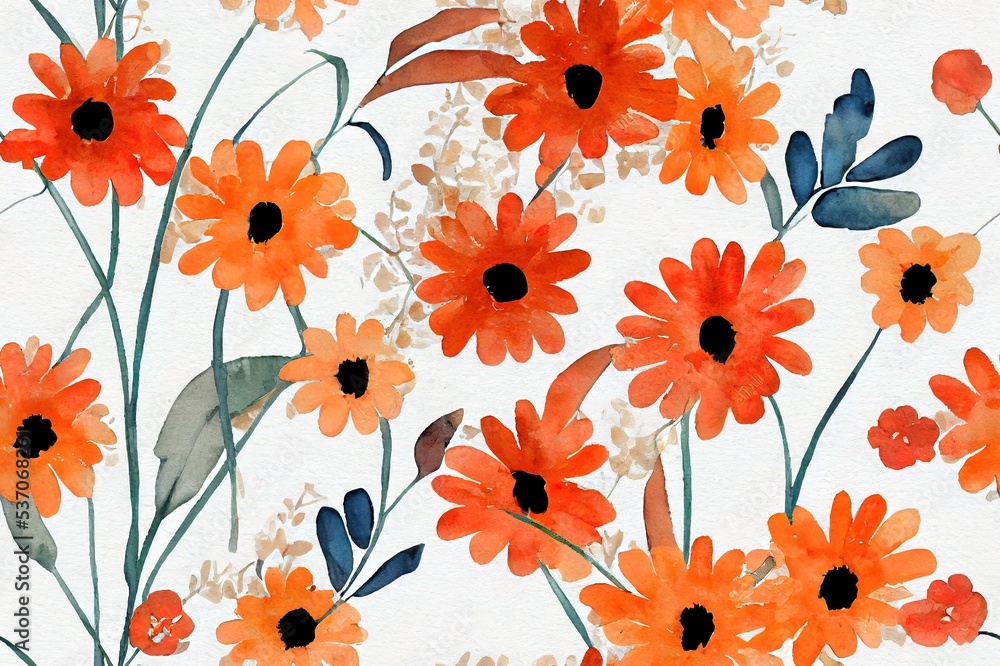 Watercolor floral seamless pattern with rust, burnt orange, grey and ...