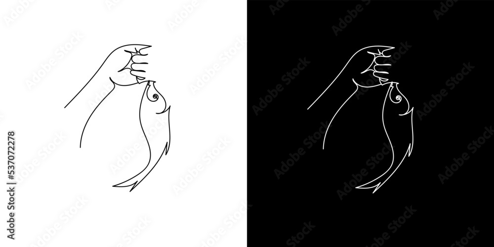 continuous line, hand carrying fish. line drawing of hand holding ...