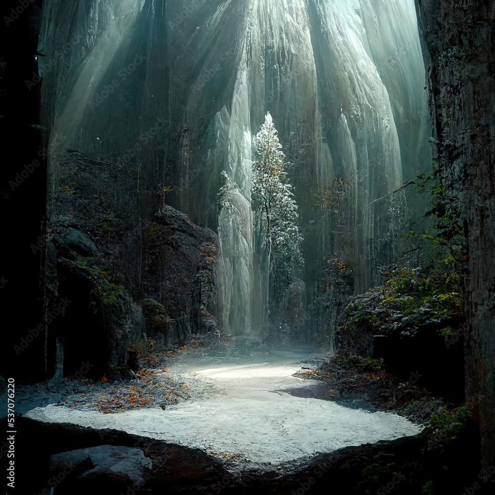 Narnia, no people, sparkling waterfalls in deep temperate forest Stock ...