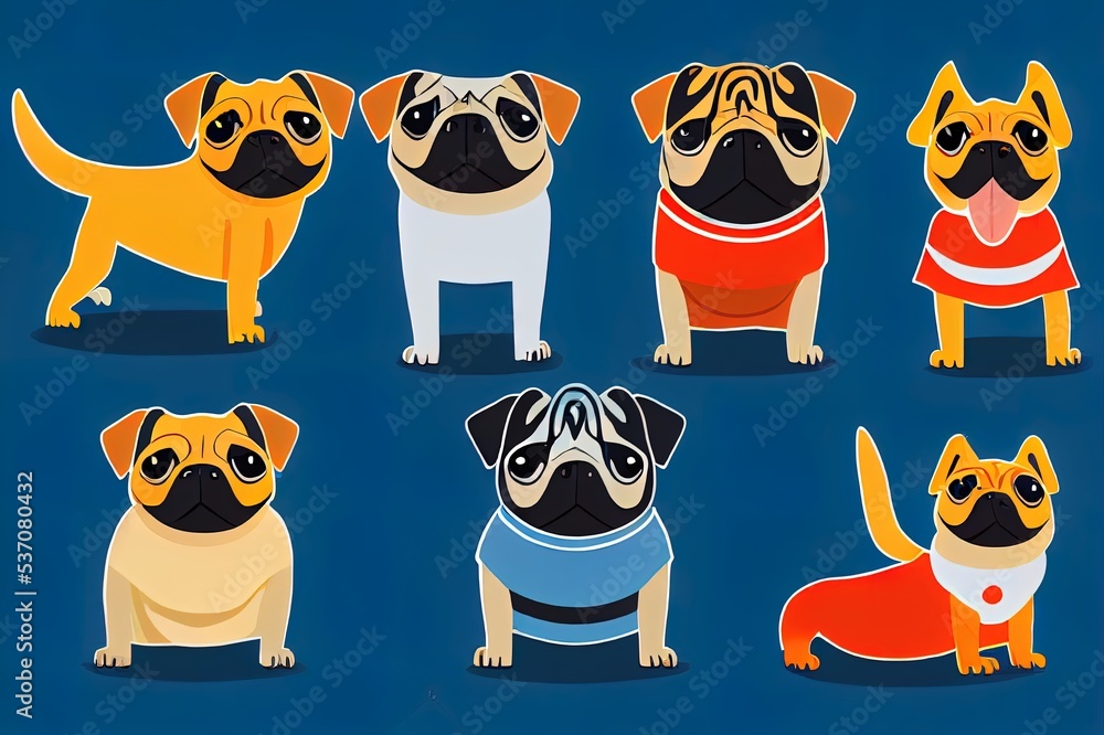 2d cartoon pugs set. Anthropomorphic dogs doing sports. Funny pup ...