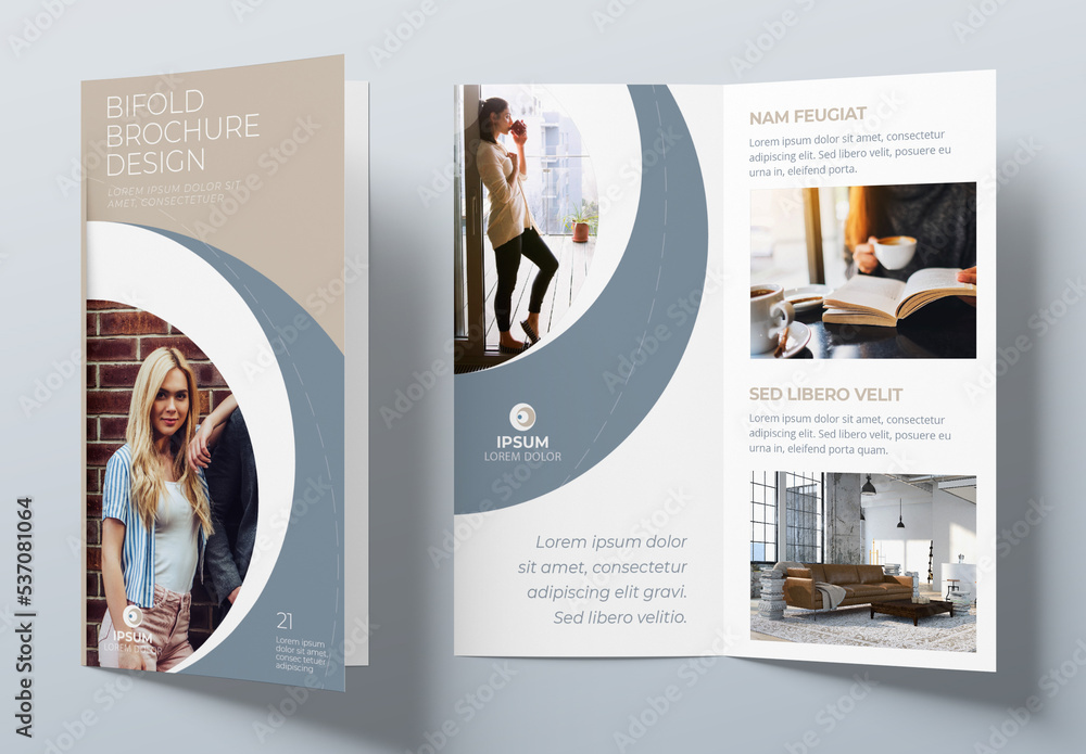 Bi Fold Brochure Layout with Beige and Grey Circle Elements Stock ...