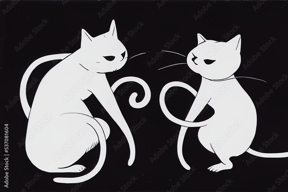 Black and white illustration of two anthropomorphic creatures, a cat ...