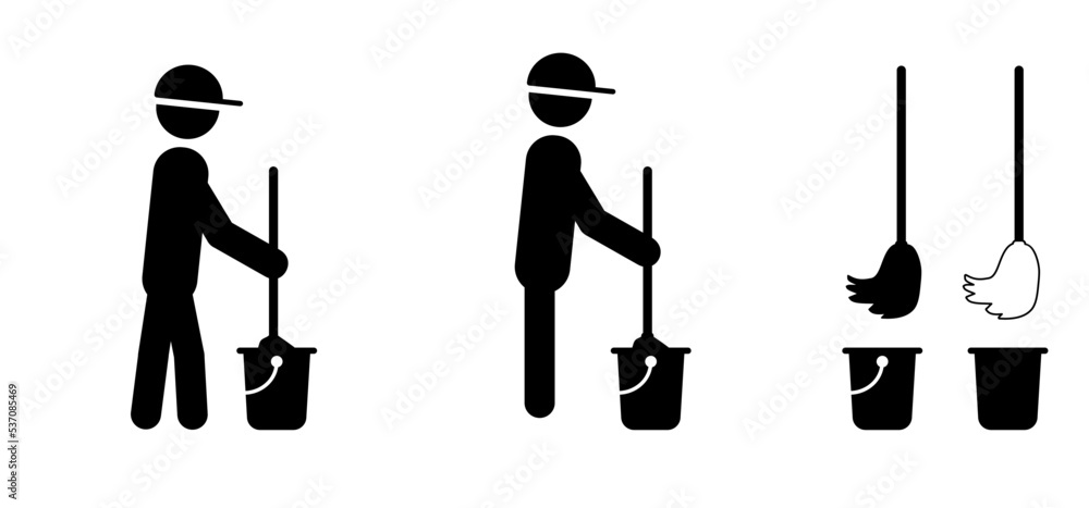 Cartoon stickman, stick figure man with mopping icon or logo. Element ...