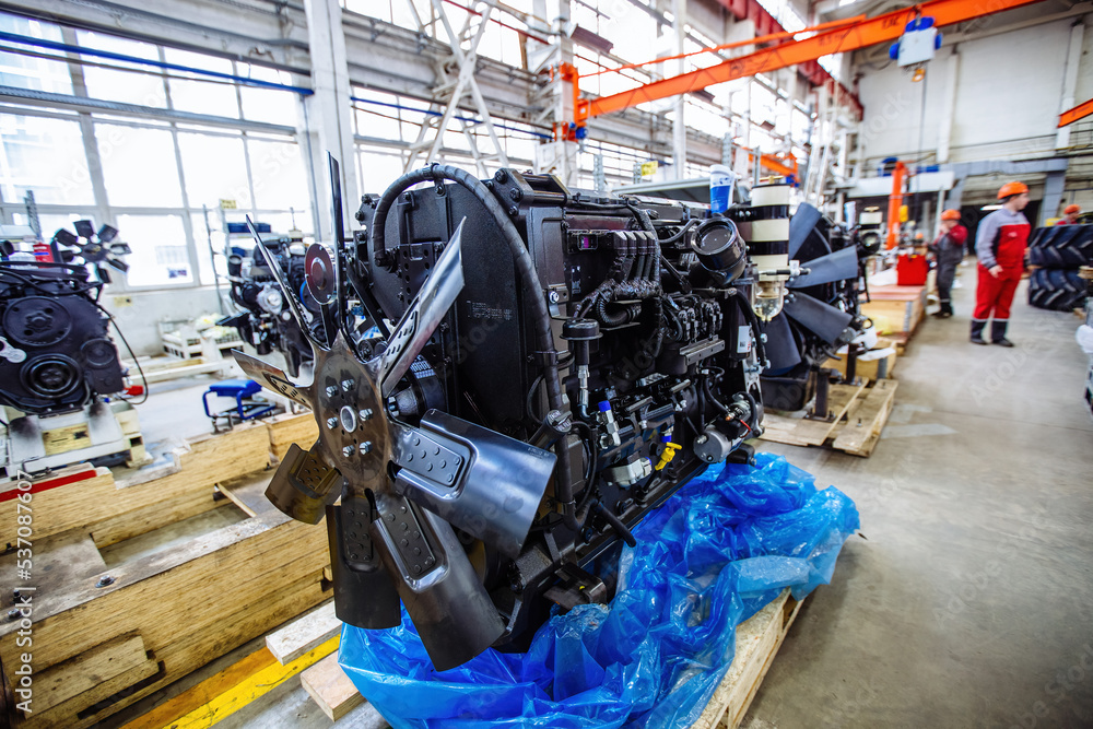 Modern diesel engine for assembling of machinery in the workshop Stock ...