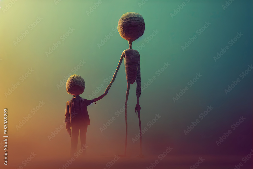 Child and adult puppets holding hands with dark and dusty background ...