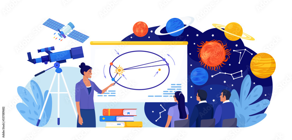 Astronomy, astronomical observation. Pupils at astronomy class in ...