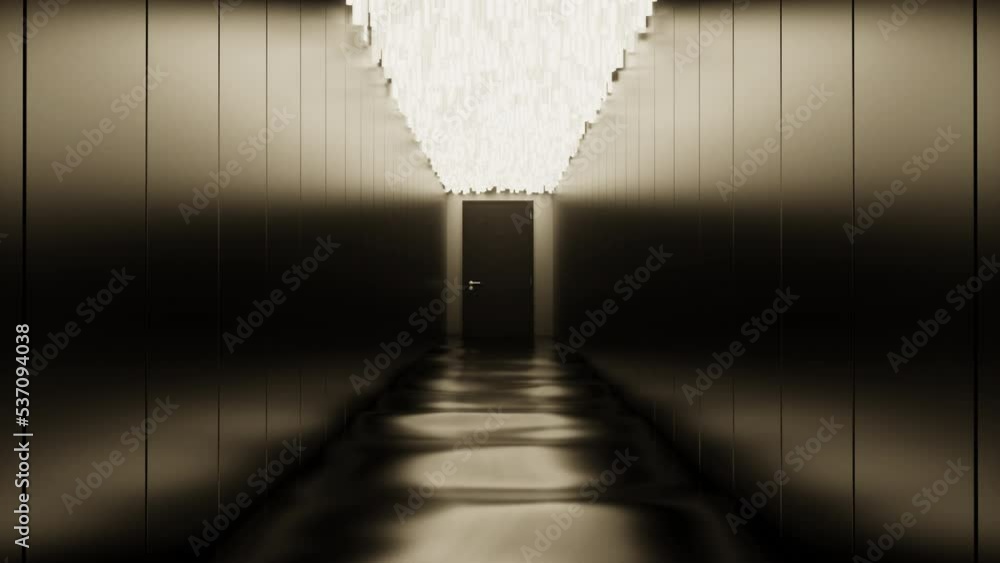 Dream during sleep with dark scary surreal corridor with a door at the ...