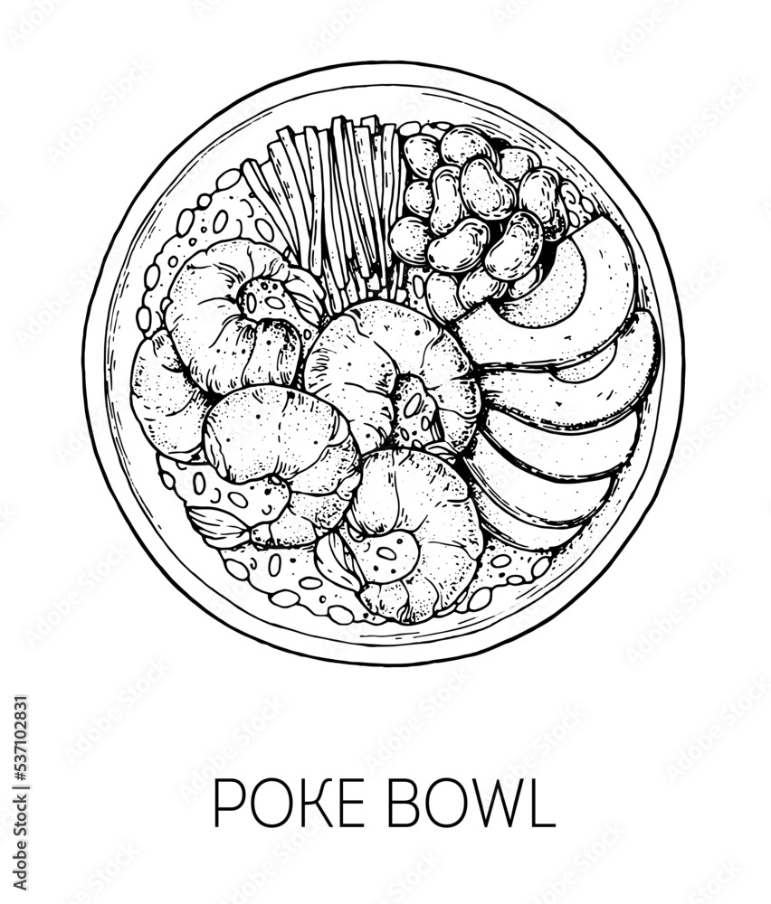 Poke Bowl, Hawaiian food. Hand drawn vector illustration. Sketch style ...