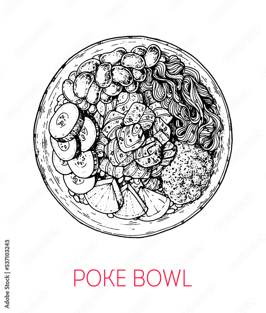 Poke Bowl, Hawaiian food. Hand drawn vector illustration. Sketch style ...