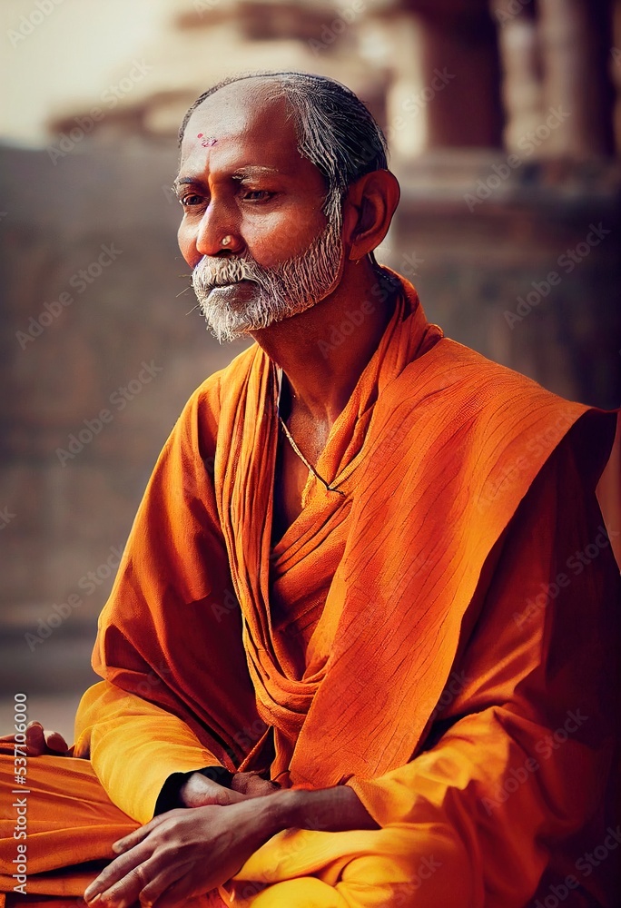 Ilustrace „An old Buddhist monk dressed as a monk. Meditating Buddhist ...