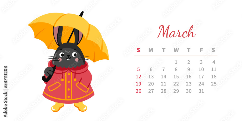March 2023 calendar page horizontal template. Cute bunny character with ...