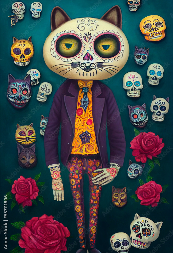 Stockillustratie Cute cat Dia de muertos skull illustration. Cat ...