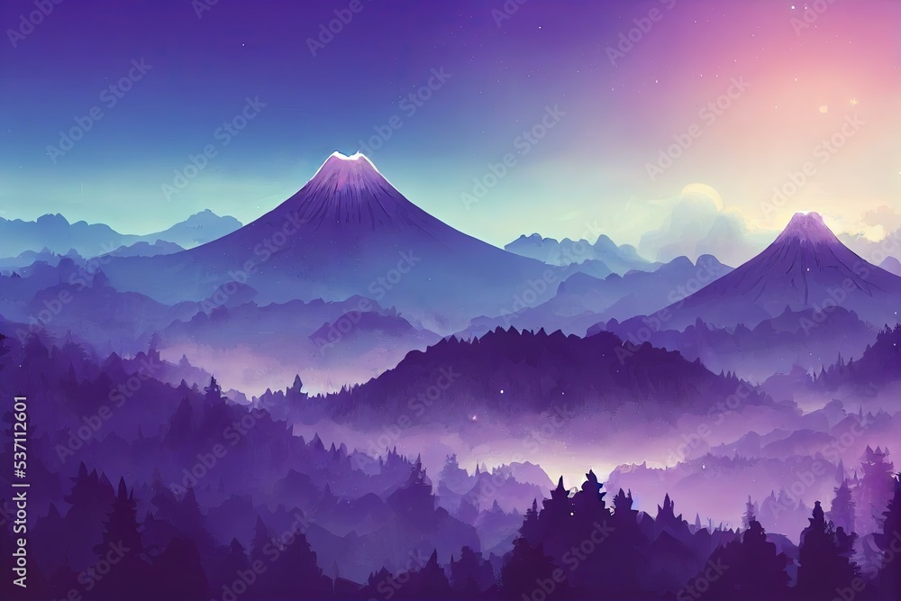 Beautiful 2d mountains landscape background wallpaper with purple ...
